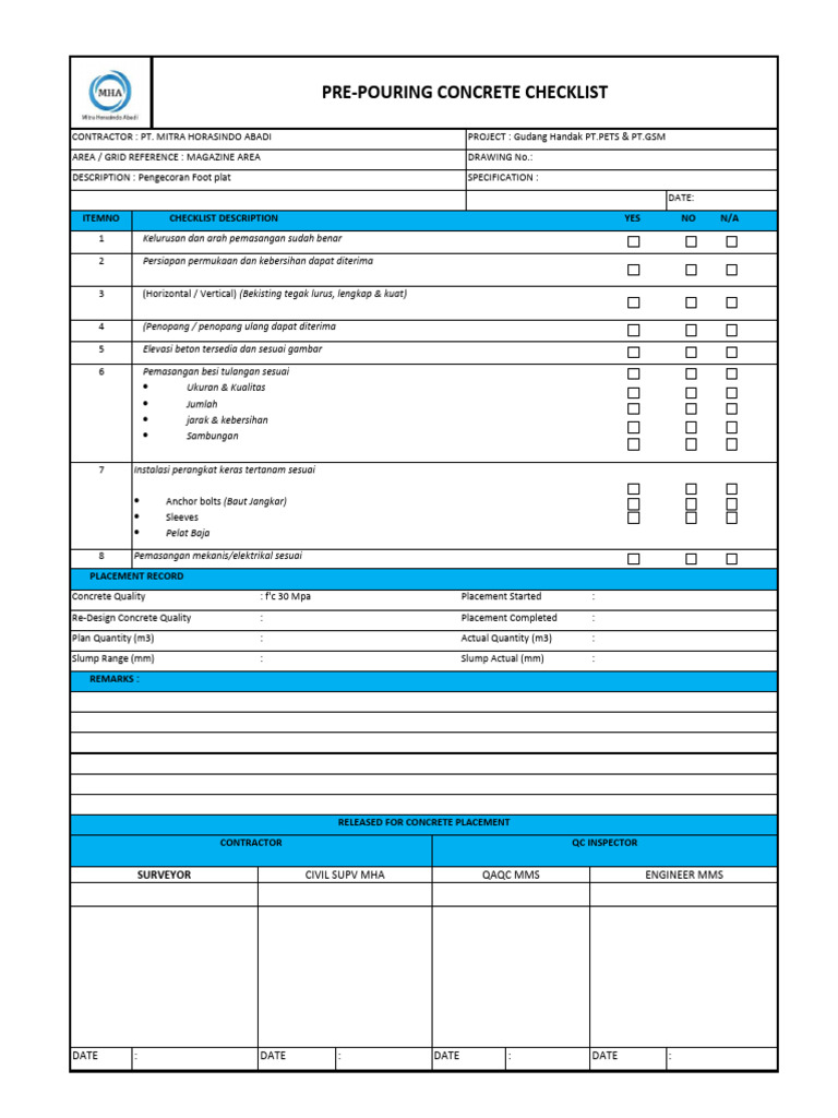 Pre-Pouring Concrete Checklist | PDF