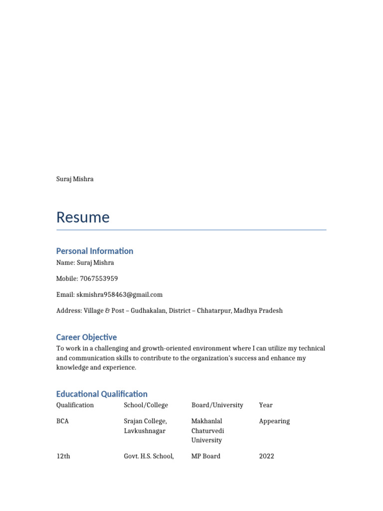 Suraj Mishra Resume With Photo | PDF
