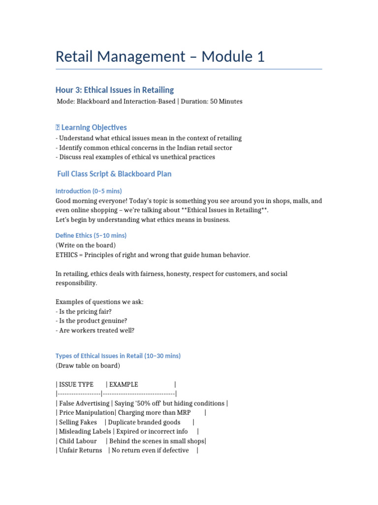 Retail Hour3 Ethical Issues ClassPlan | PDF