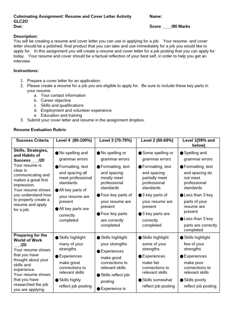 GLC2O Culminating Resume and Cover Letter Assignment | PDF | Résumé ...