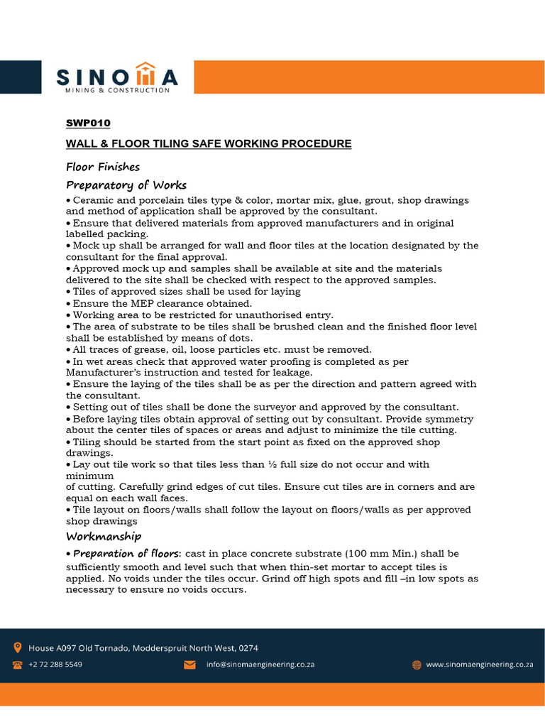 SWP010-Tiling Safe Working Procedure | PDF | Tile | Concrete