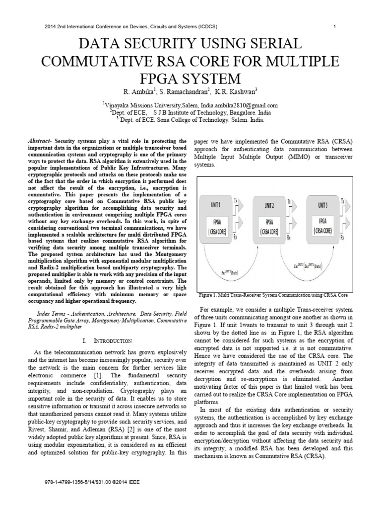 Data Security Using Serial Commutative RSA CORE For Multiple FPGA System | PDF | Encryption ...