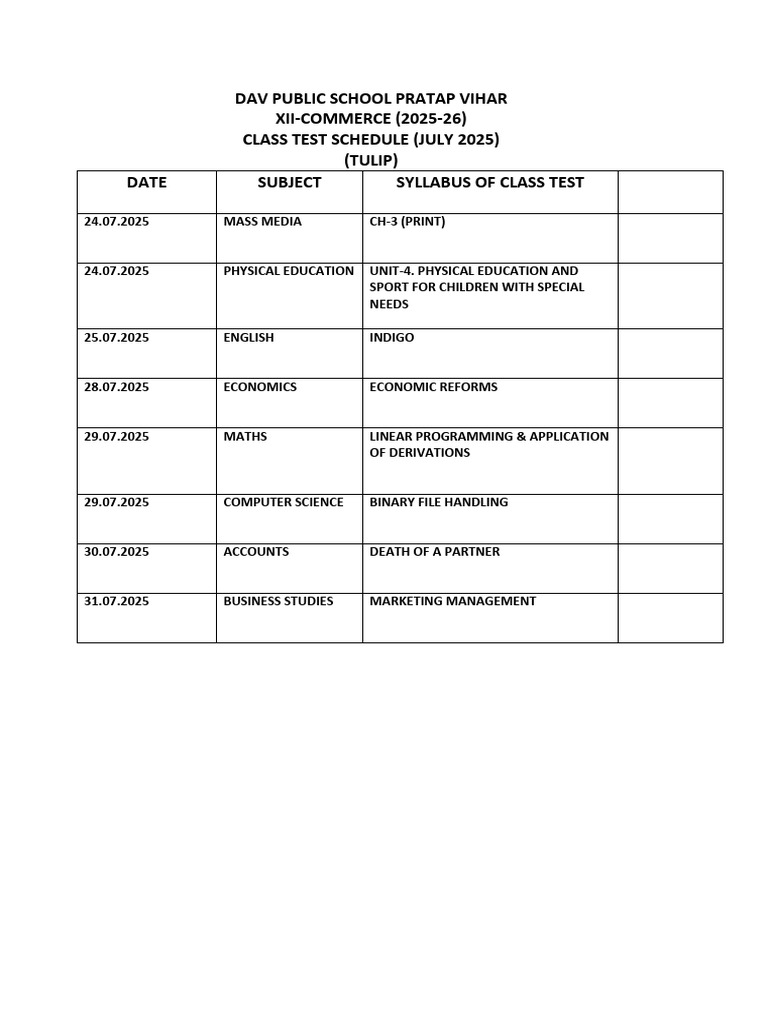 Class Test Schedule Xii (July) | PDF
