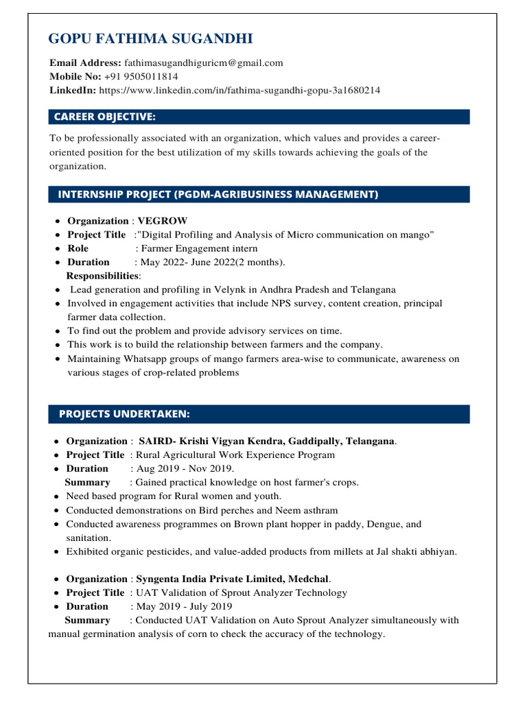 Gopu Fathima Sugandhi's CV & Skills | PDF