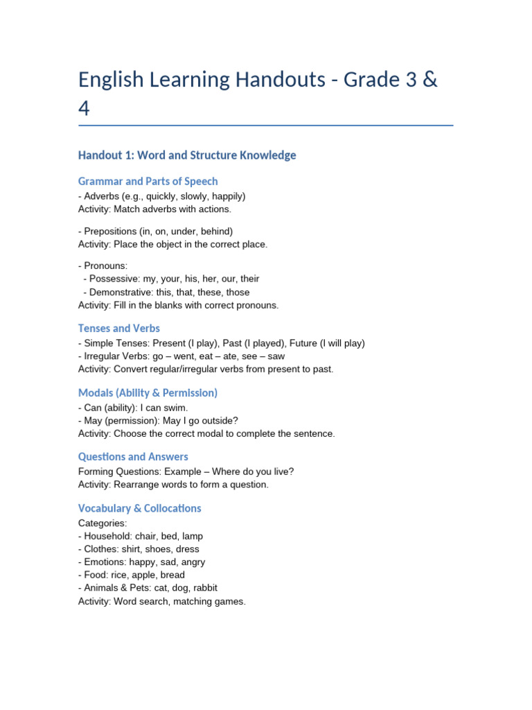 English Handouts Grade3 4 | PDF