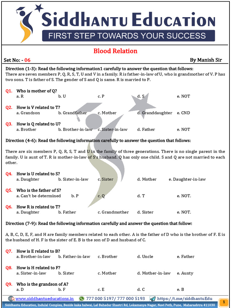 Blood Relation Set 6 (Ans) | PDF | Life Skills | Interpersonal Relationships