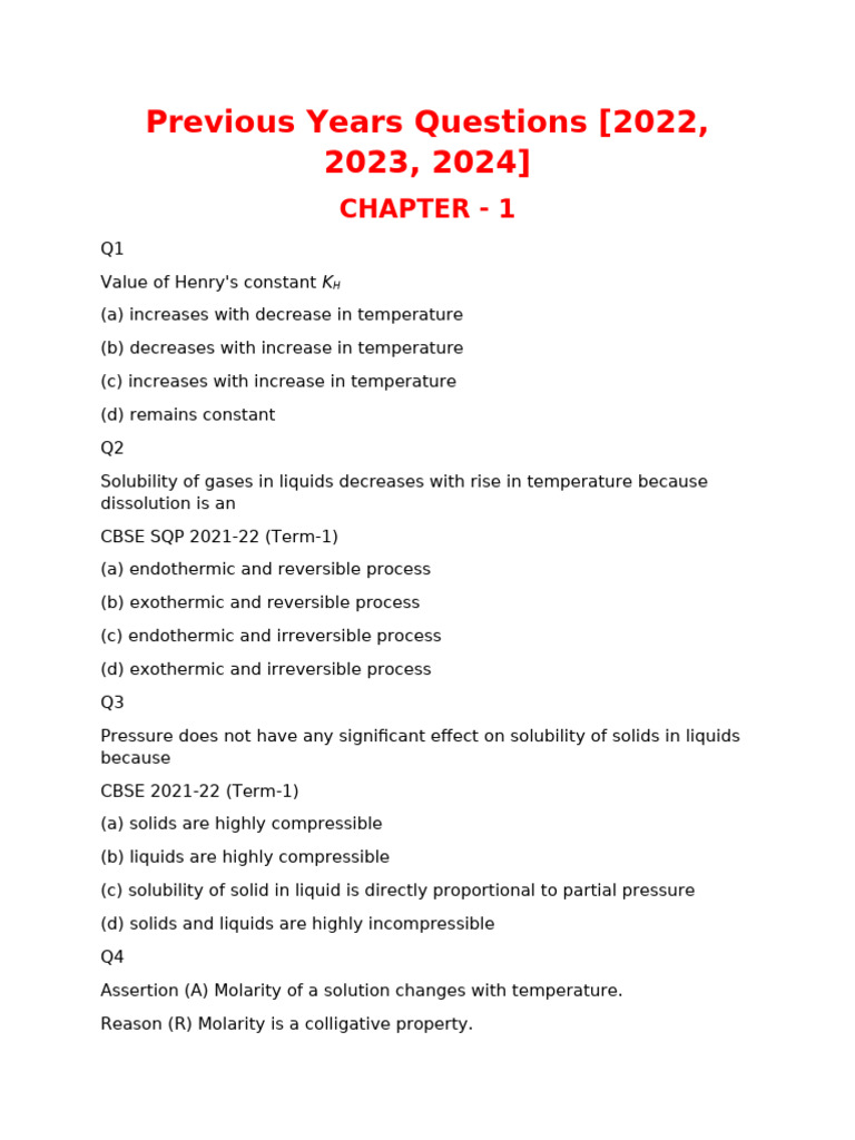 CBSE Chemistry Solubility Questions 2022-2024 | PDF | Quantity | Chemistry