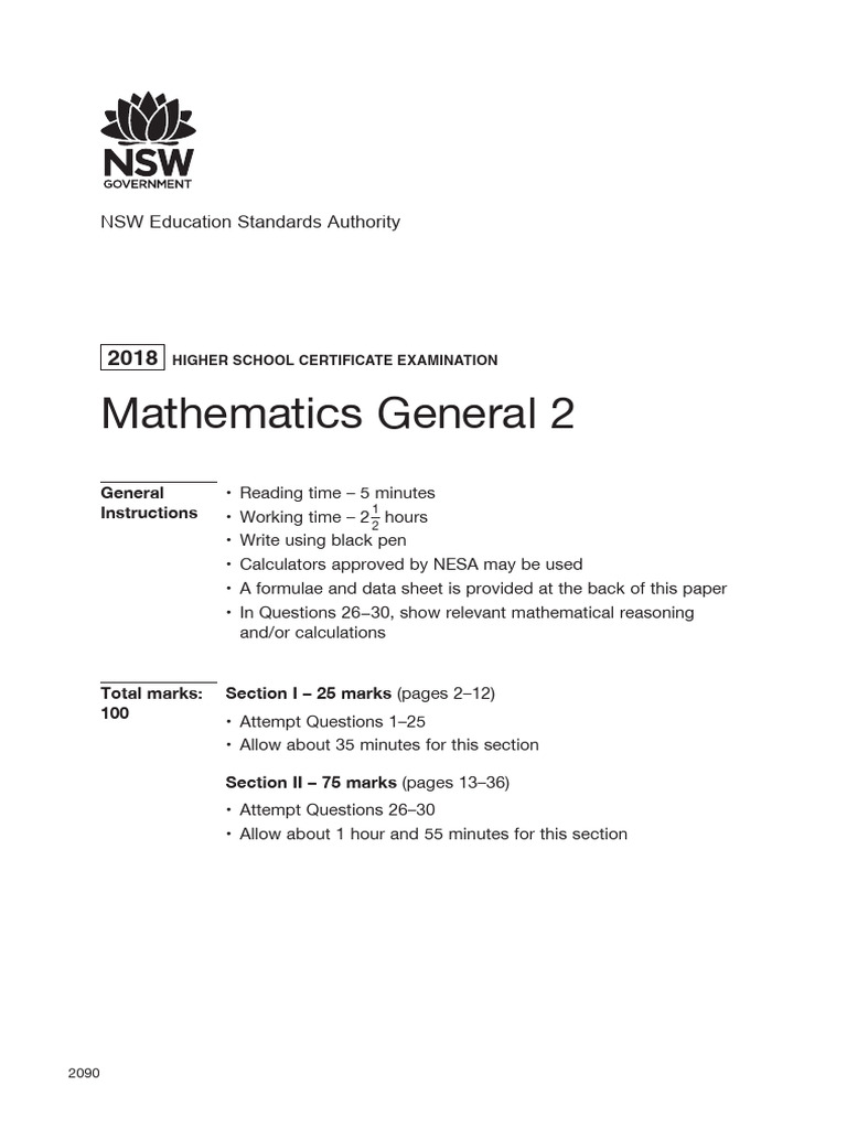 2018 HSC Mathematics General 2 Exam | PDF | Standard Score | Area