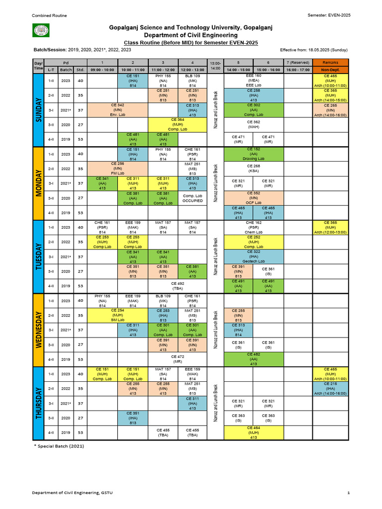 Civil Engineering Class Routine 2025 | PDF