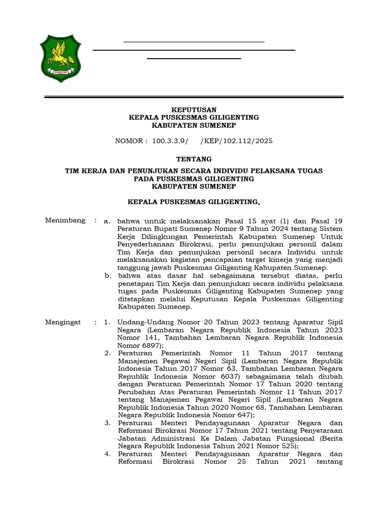 SK Tim Kerja Puskesmas Gili | PDF