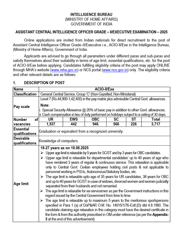 ACIO-II Executive Exam 2025 Notification | PDF