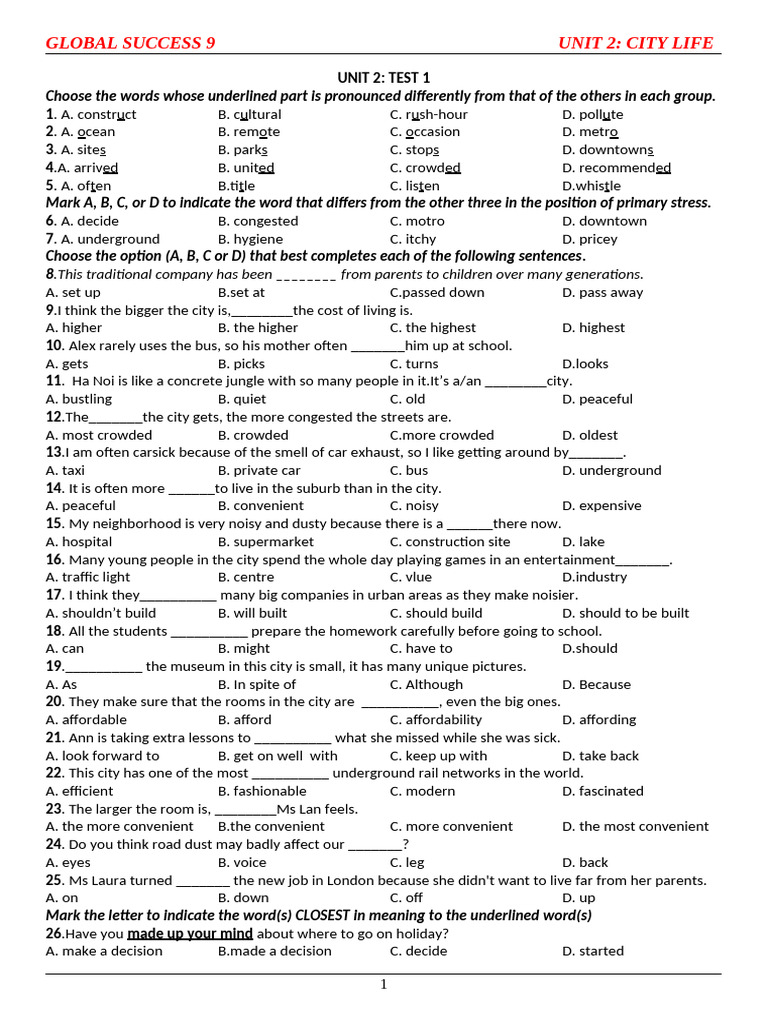 Bài Tập Bổ Trợ Global Success 9 Unit 2 (Practice Test) - Key-1719490595 ...