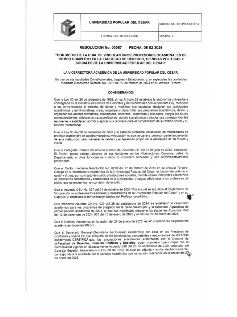 RESOLUCION 00087 05 FEB 2025 Vinculación Profesores Ocasionales Fac. Derecho | PDF