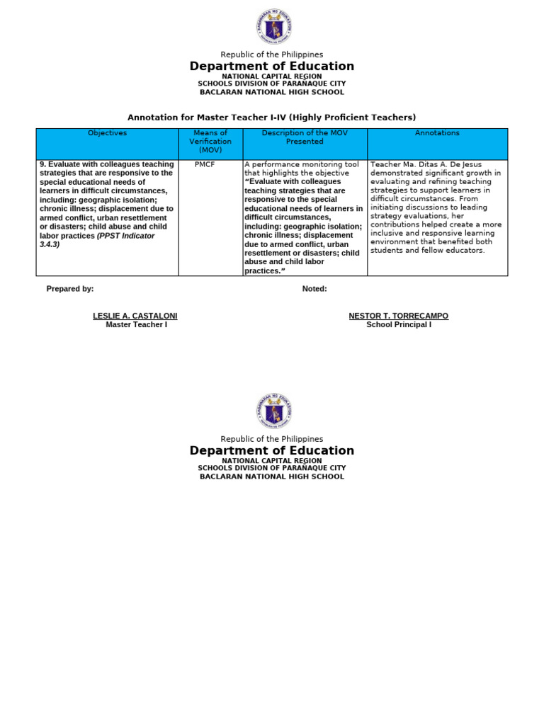 Pmes Annotation For The Objective 9 | PDF | Behavior Modification ...