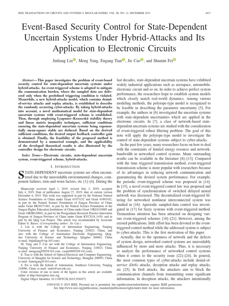 Event-Based Security Control For State-Dependent | PDF | Matrix (Mathematics) | Control Theory