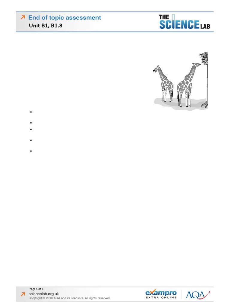 GCSE Progress Check b1 - Evolution - Questions | PDF | Giraffe | Evolution