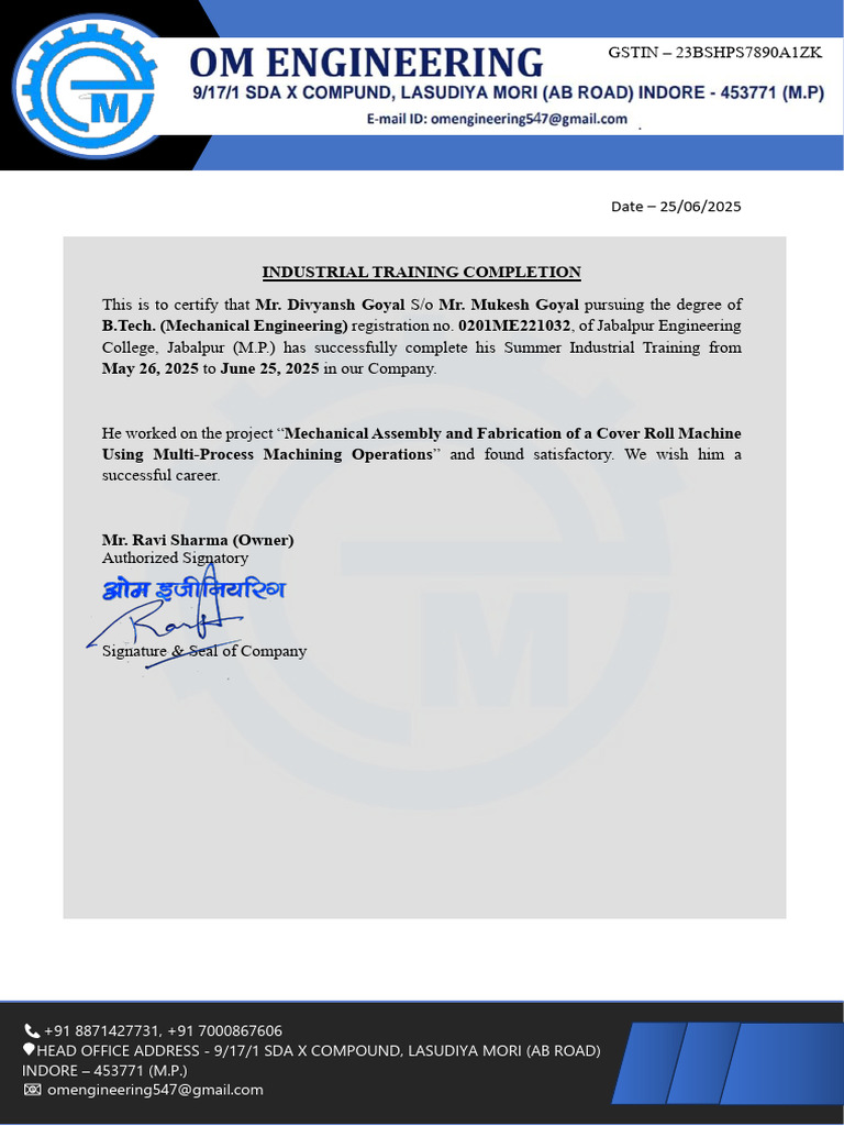 Divyansh's Training Certificate Ss | PDF