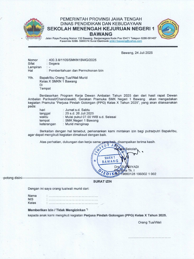 Surat Pemberitahuan Dan Izin Orang Tua Kegiatan Perjusa Pramuka (1) | PDF