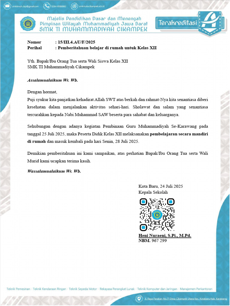 Surat Pemberitahuan - Belajar Di Rumah Kelas Xii | PDF