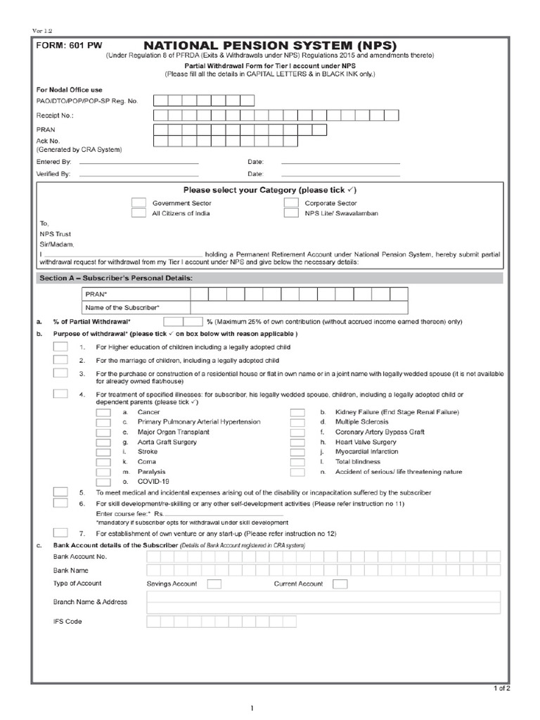 Form For Partial Withdrawal Under NPS-1 | PDF