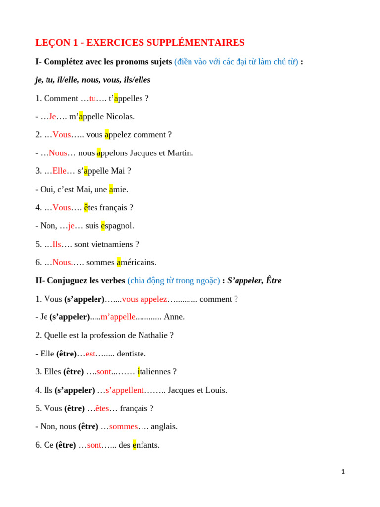 Leçon 1 : Exercices de pronoms et verbes | PDF | Échecs | Théorie (échecs)