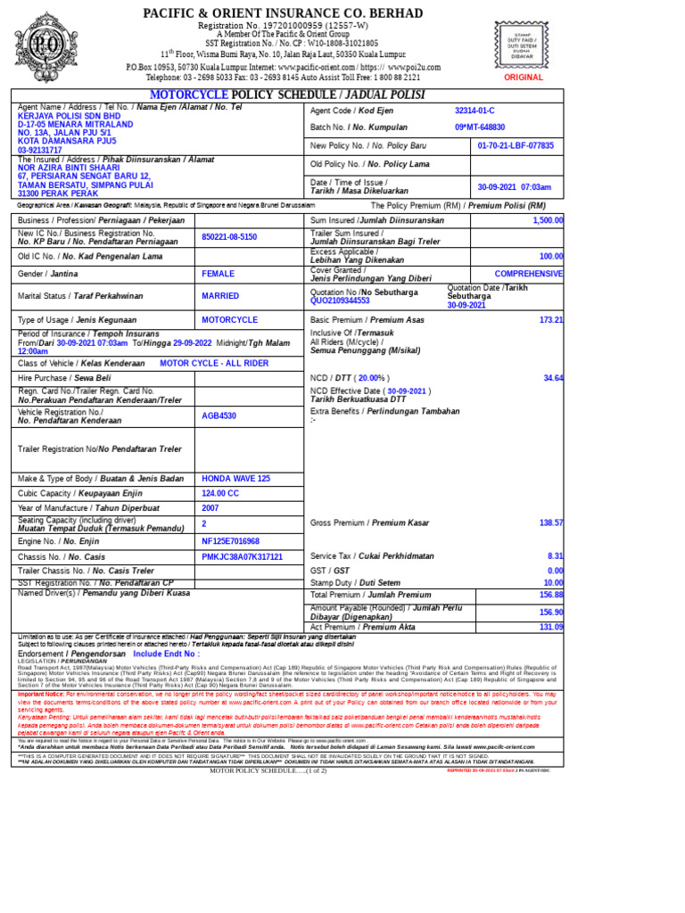 Motorcycle Insurance Policy Schedule | PDF | Insurance | Vehicles