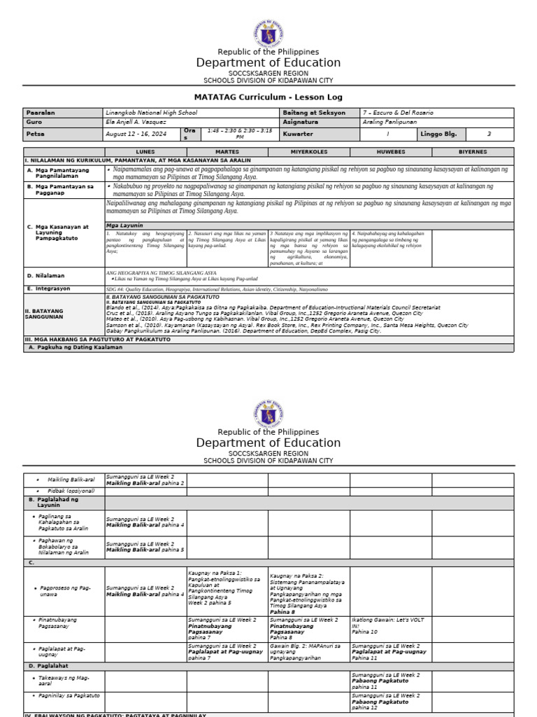Sample Matatag Lesson Log Filipino | PDF