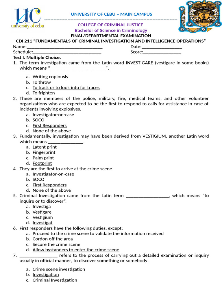 Criminology Exam: Criminal Investigation Basics | PDF | Crime Scene ...