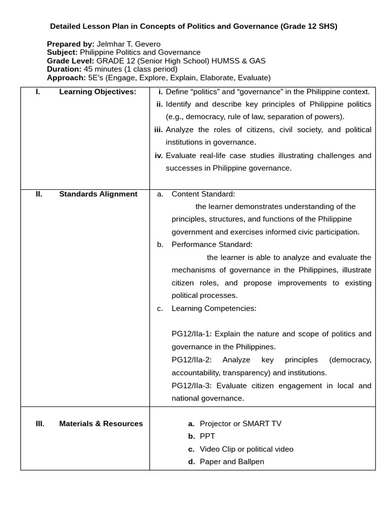 Politics and Governance Lesson Plan | PDF | Governance | Concept