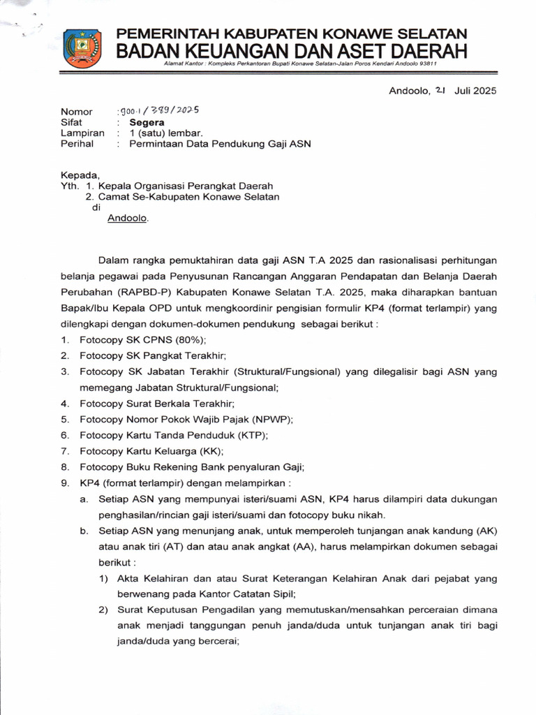 Permintaan Data Pendukung Gaji ASN Konsel | PDF