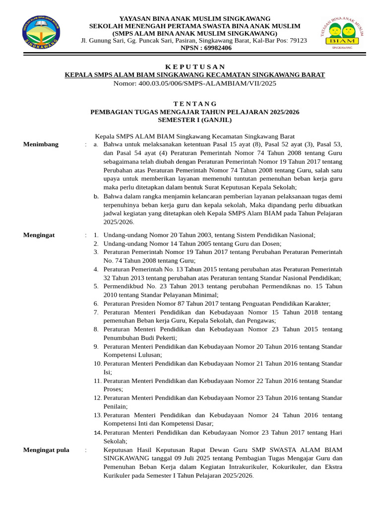 SK Pembagian Tugas Mengajar 2025.2026 Ganjil | PDF