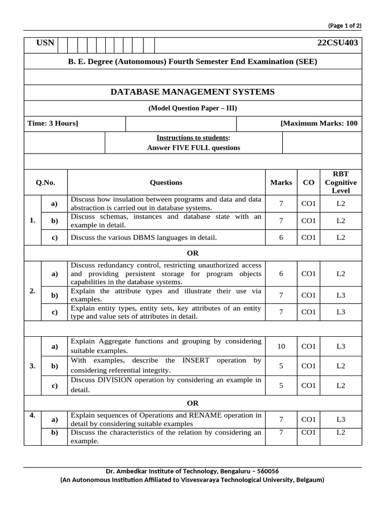 DBMS Model Question Paper 3 | PDF | Databases | Information Technology