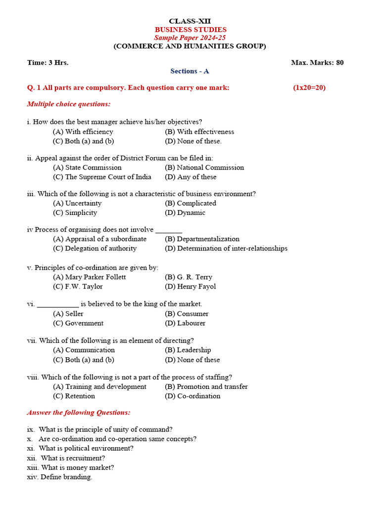 12th Business Studies Model Question Paper (2024-25) | PDF | Business