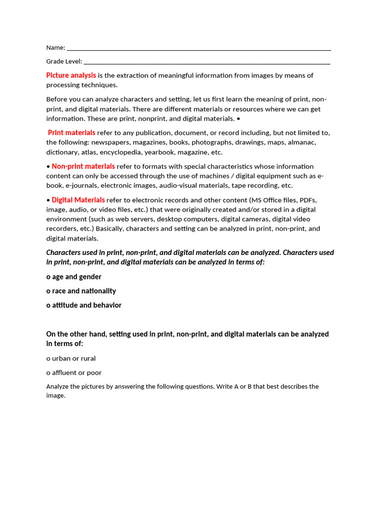 Picture Analysis Worksheet | PDF | Books | Computing