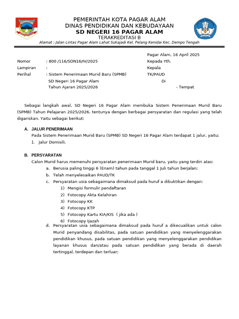 Surat Sosialisasi SPMB Ke TK Paud | PDF