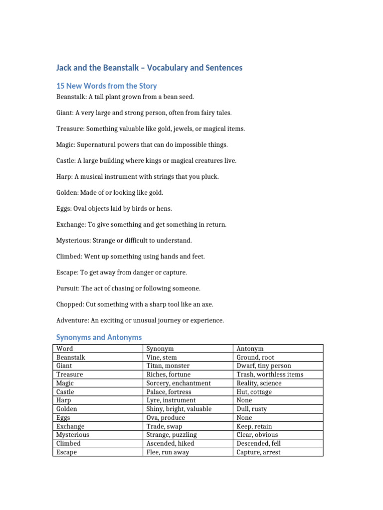 Jack and The Beanstalk Vocabulary | PDF | Jack And The Beanstalk | Folklore