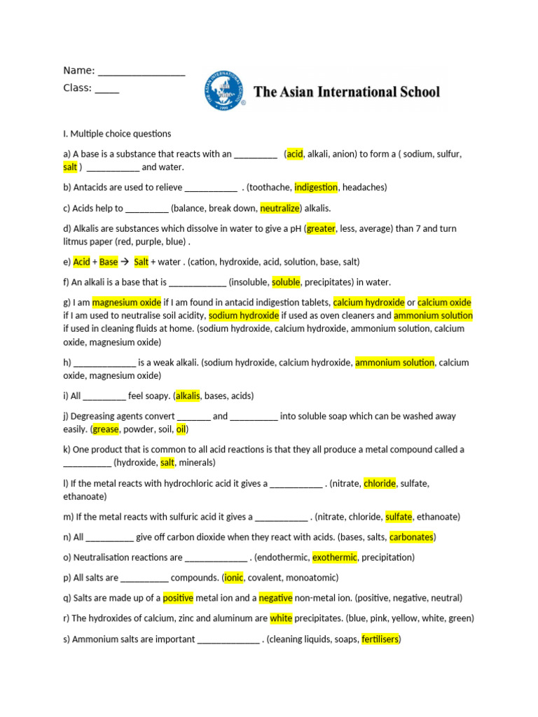TB - Answer Key Practice Questions Dec 21 | PDF | Salt (Chemistry ...