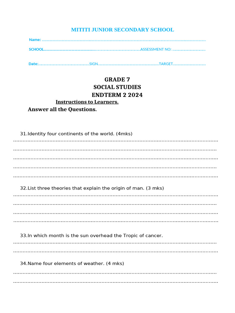 Grade 7 End Term 2 Social Studies | PDF | Behavior Modification | Social Psychology
