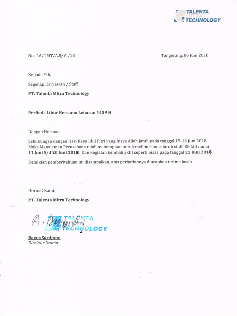 Surat Pemberitahuan Libur Lebaran | PDF