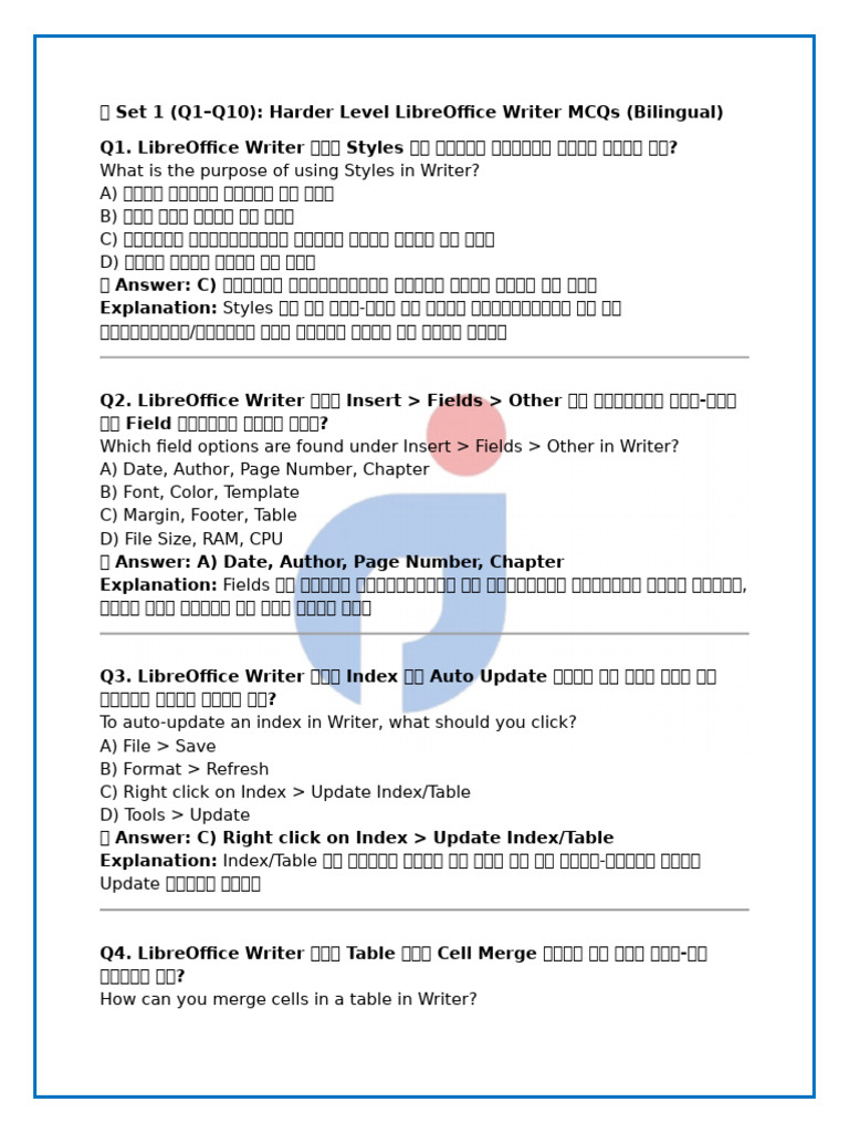 Libre Office Writer Mcq-2 | PDF