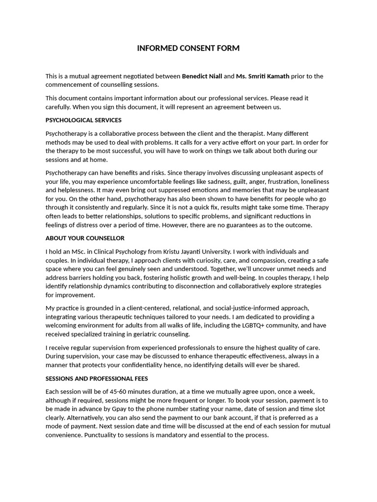 Informed Consent Form With S Copy | PDF | Psychotherapy | Psychological ...