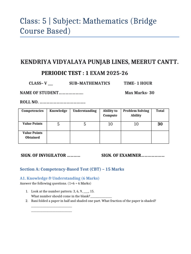 Class 5 Maths Bridge Course Question Paper | PDF