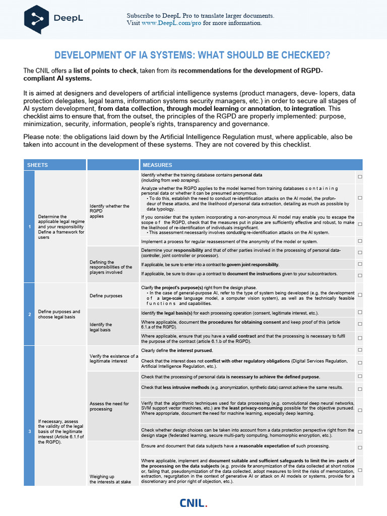 DeepL Translation CNIL Check-List | PDF | Artificial Intelligence | Intelligence (AI) & Semantics