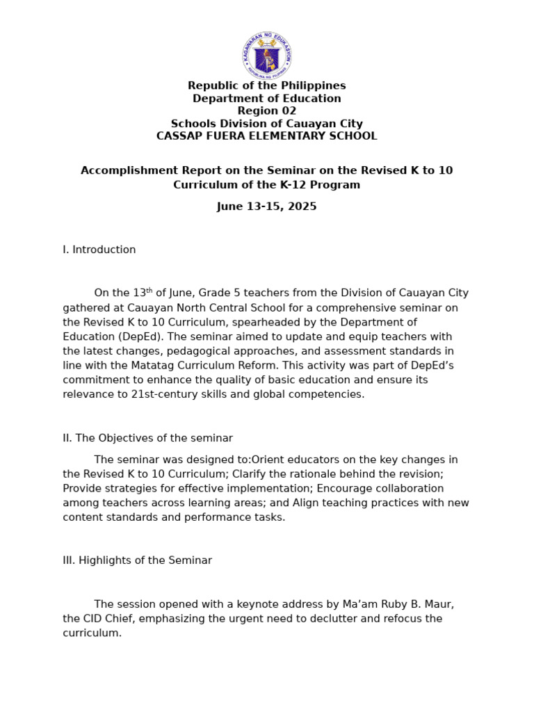 Accomplishment Report: K to 10 Seminar 2025 | PDF | Curriculum | Teachers