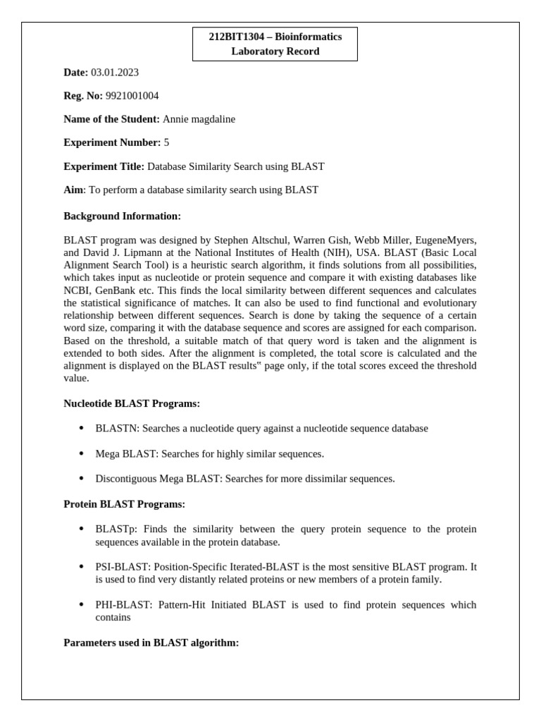 Bioinfo Lab - Exp 5 9921001004 | PDF | Sequence Alignment | Life Sciences