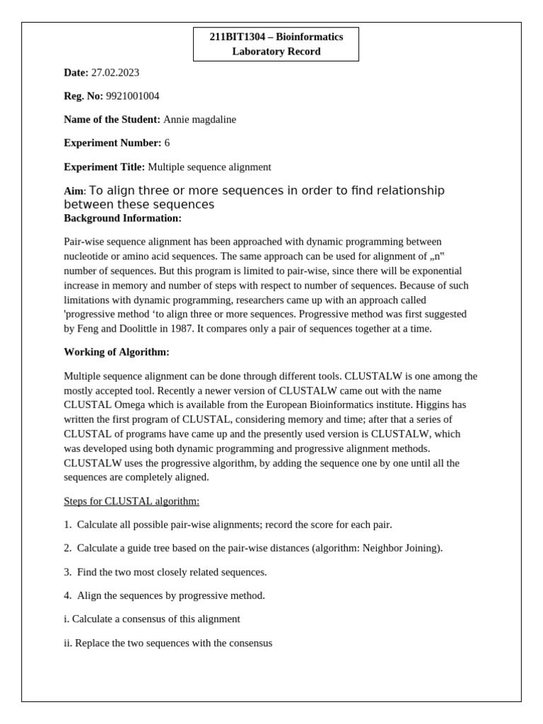 Bioinfo Lab - Exp 6 9921001004 | PDF | Sequence Alignment | Life Sciences
