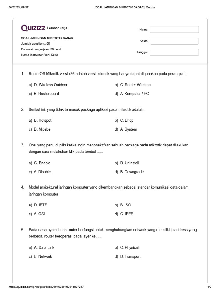 Soal Jaringan Mikrotik Dasar _ Quizizz | PDF