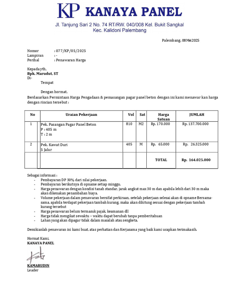 Penawaran Bpk. Marudut, ST | PDF
