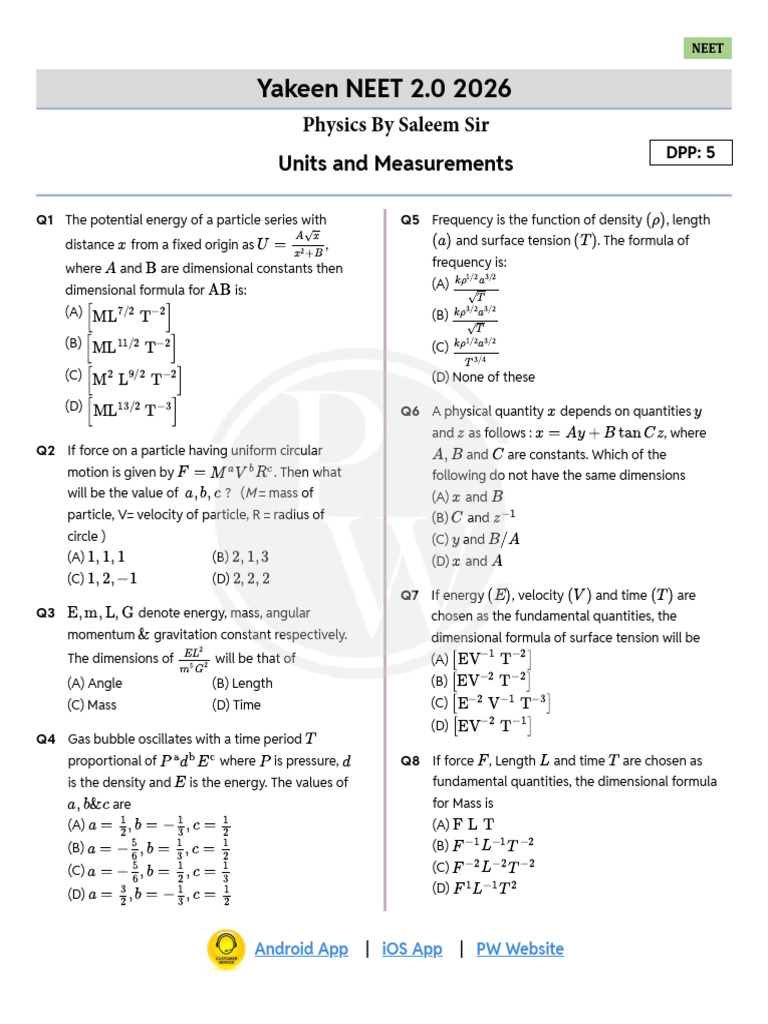 Units and Measurements DPP 05 (Of Lec-08) Physics by Sa | PDF | Mass | Force