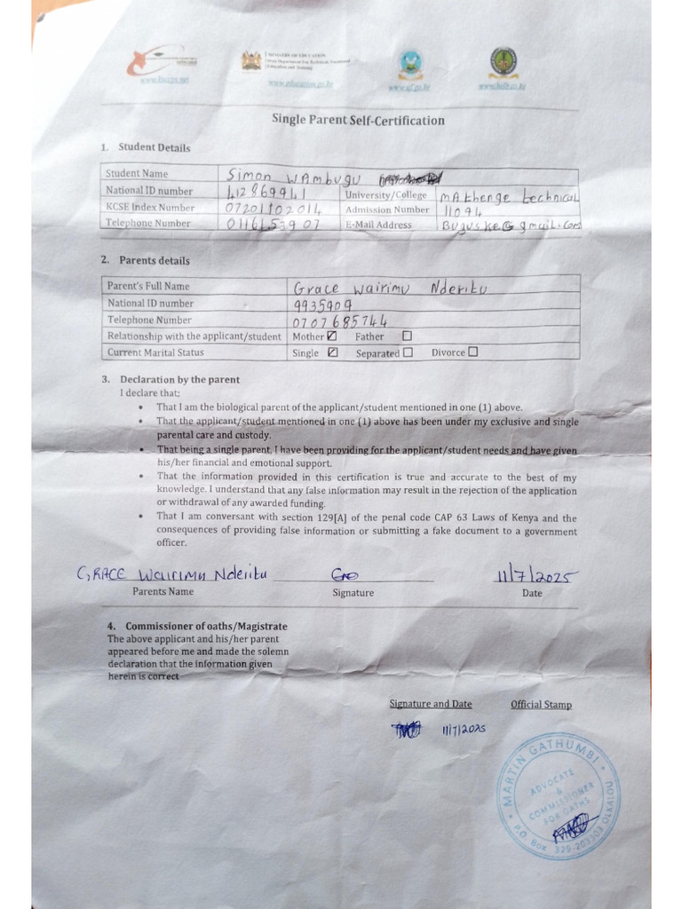 Single Parent Self Certification | PDF